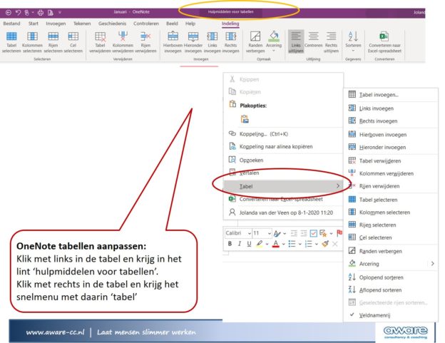 OneNote tabellen maken en aanpassen - Aware Consultancy & Coaching
