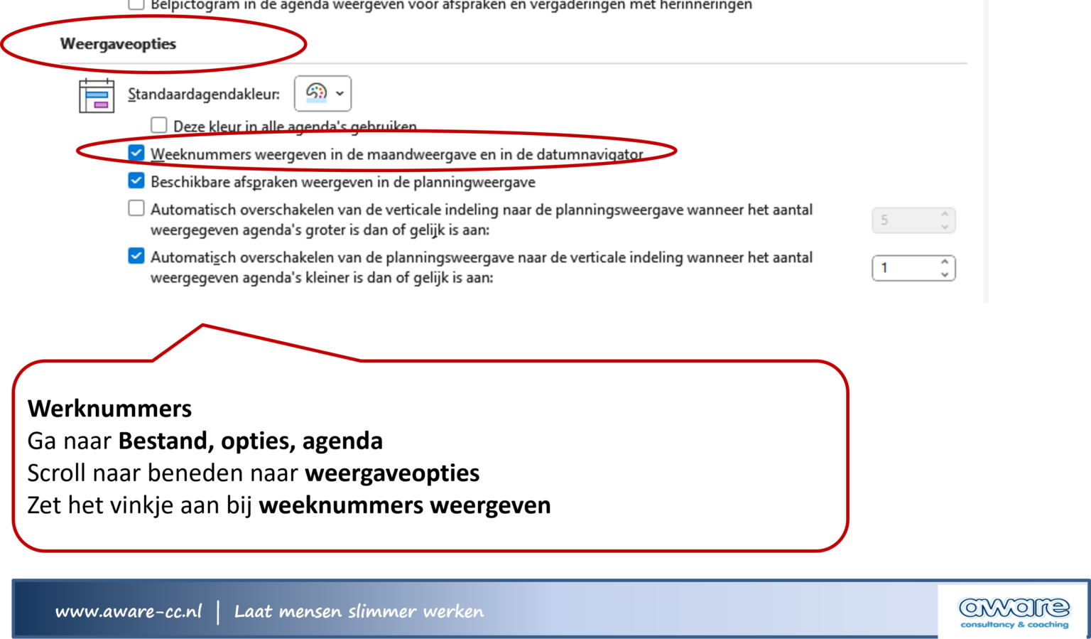 Weeknummers in Outlook agenda - Aware Consultancy & Coaching
